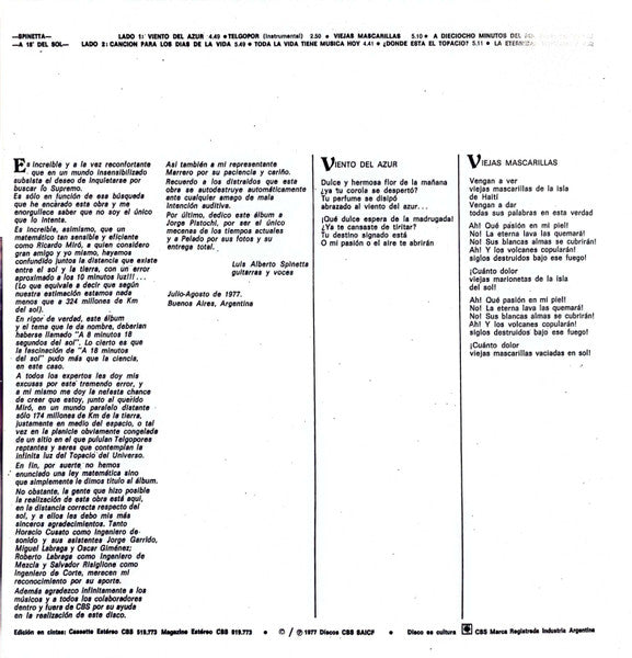 A 18 DEL SOL - LUIS ALBERTO SPINETTA – Disquería Capri